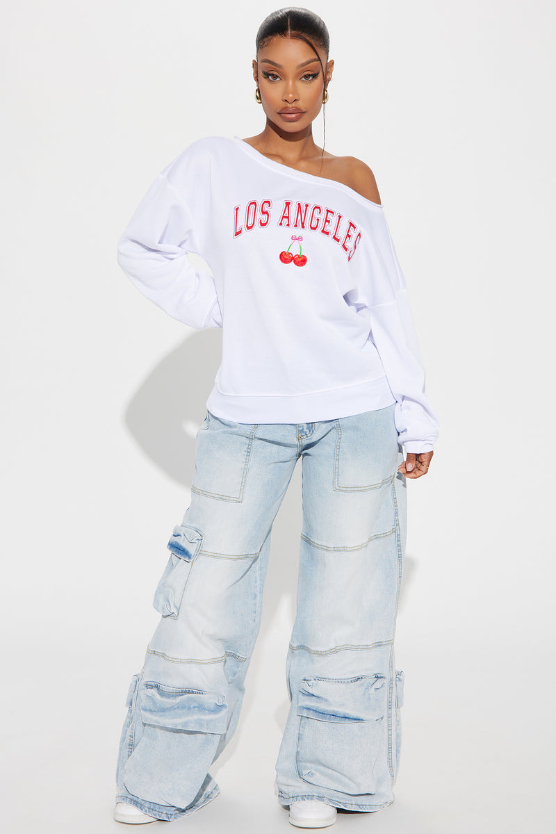 LA Cherry Bombshells Off Shoulder Sweatshirt - White | Fashion Nova ...