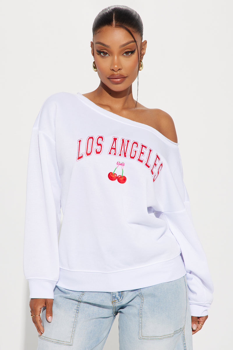 LA Cherry Bombshells Off Shoulder Sweatshirt - White | Fashion Nova ...
