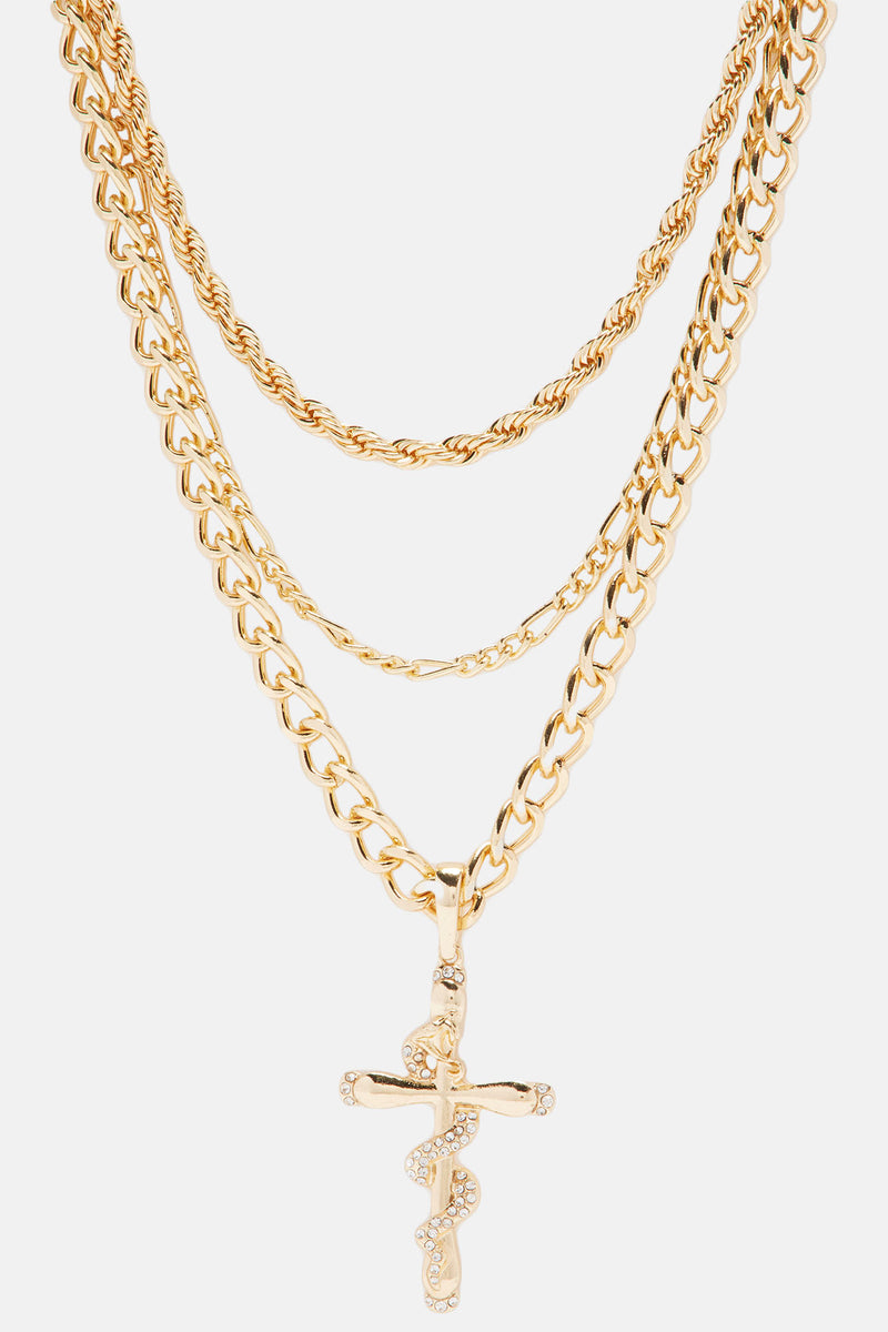 Cross And Snake 3 Piece Chain Necklace - Gold | Fashion Nova, Mens ...