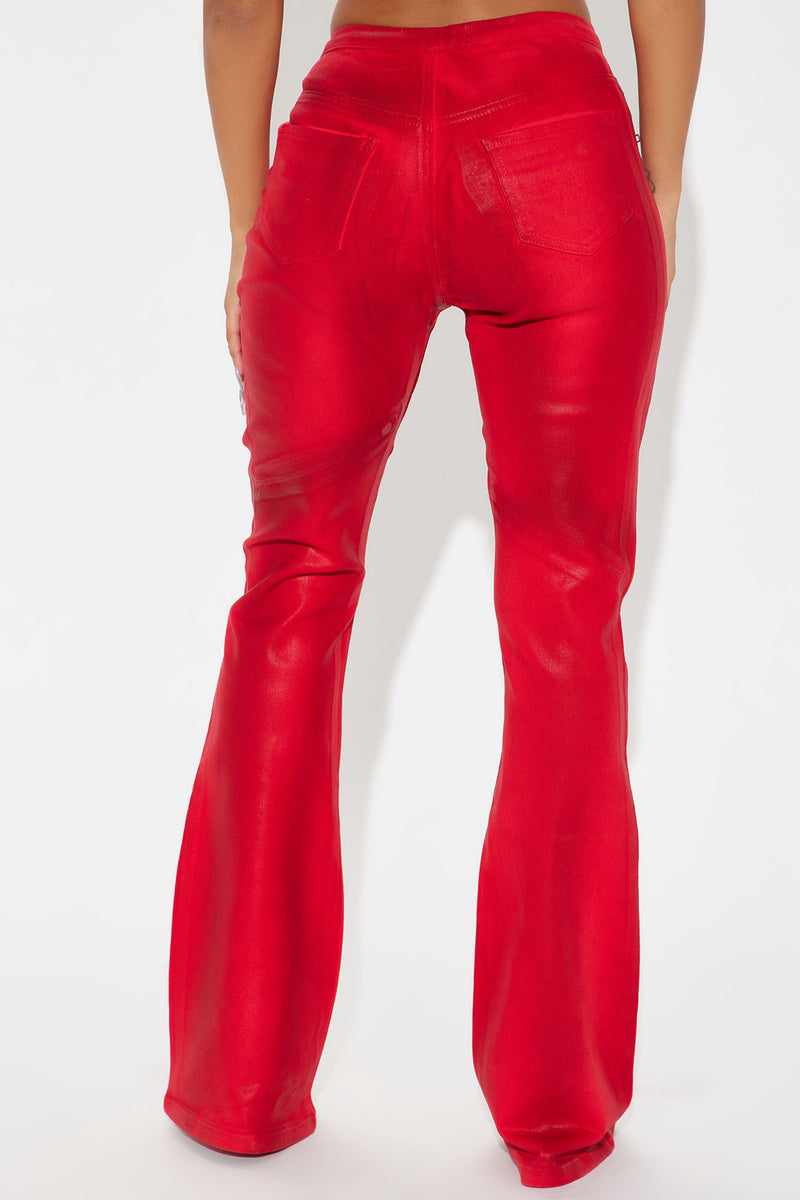 Topic Of Discussion Coated Moto Flare Jeans - Red | Fashion Nova, Jeans ...