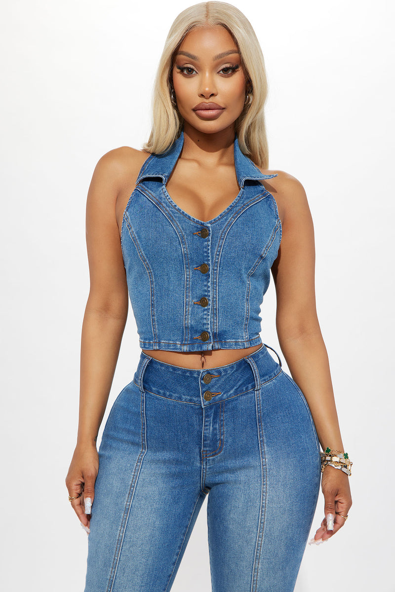 In Your Head Stretch Denim Halter Top - Medium Wash | Fashion Nova ...