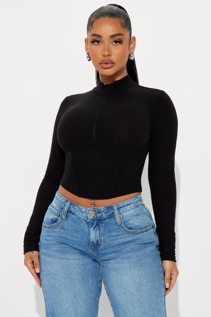 Heather Zip Down Top - Black | Fashion Nova, Knit Tops | Fashion Nova