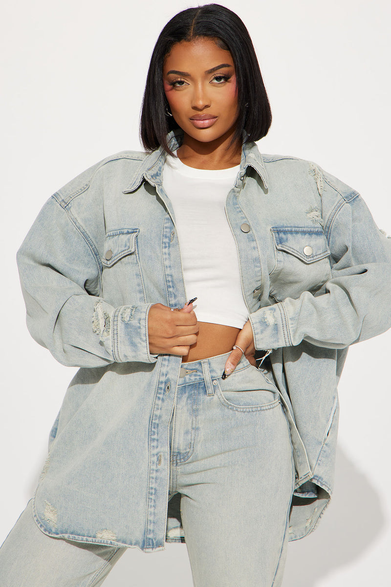 Far Away Tinted Denim Shacket - Light Wash | Fashion Nova, Jackets ...