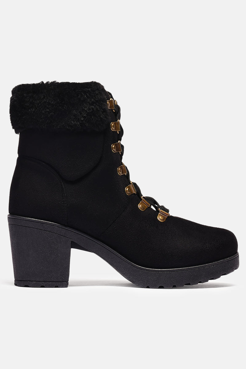 Mini Microsuede Faux Fur Cuff Heeled Boots - Black | Fashion Nova, Kids ...