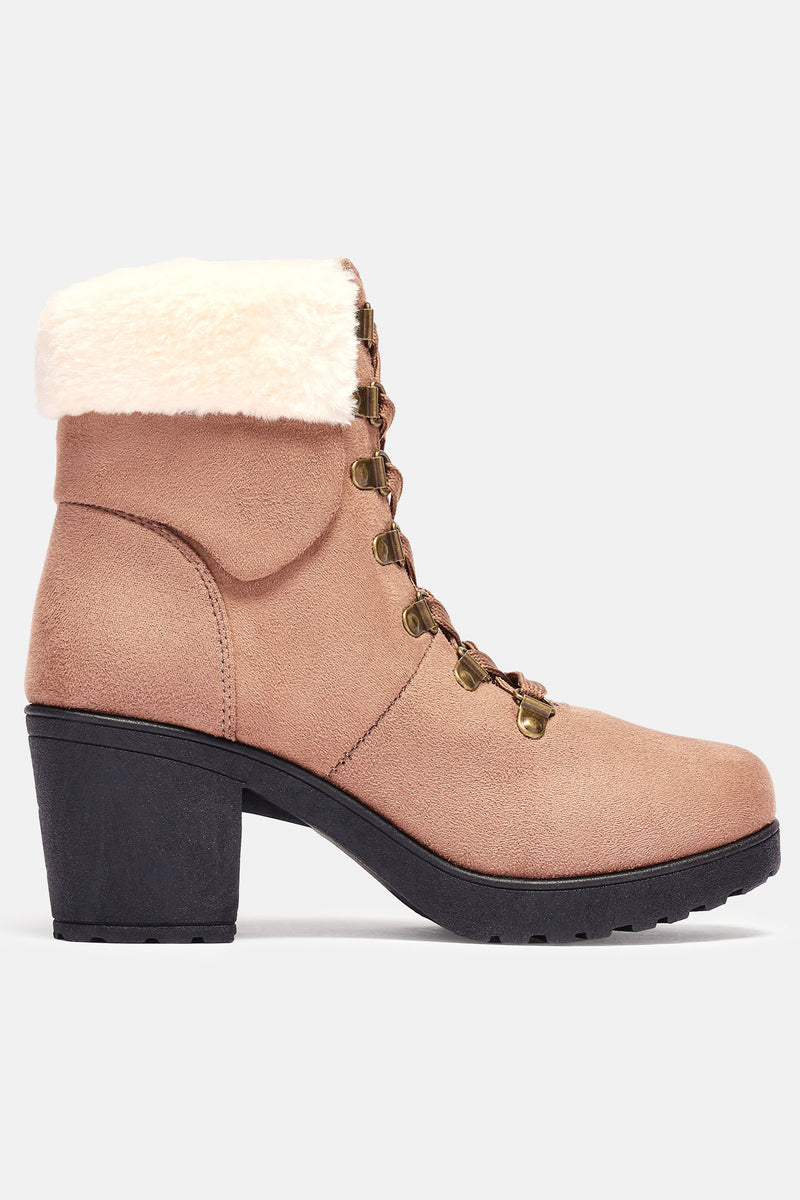 Mini Microsuede Faux Fur Cuff Heeled Boots - Taupe | Fashion Nova, Kids ...