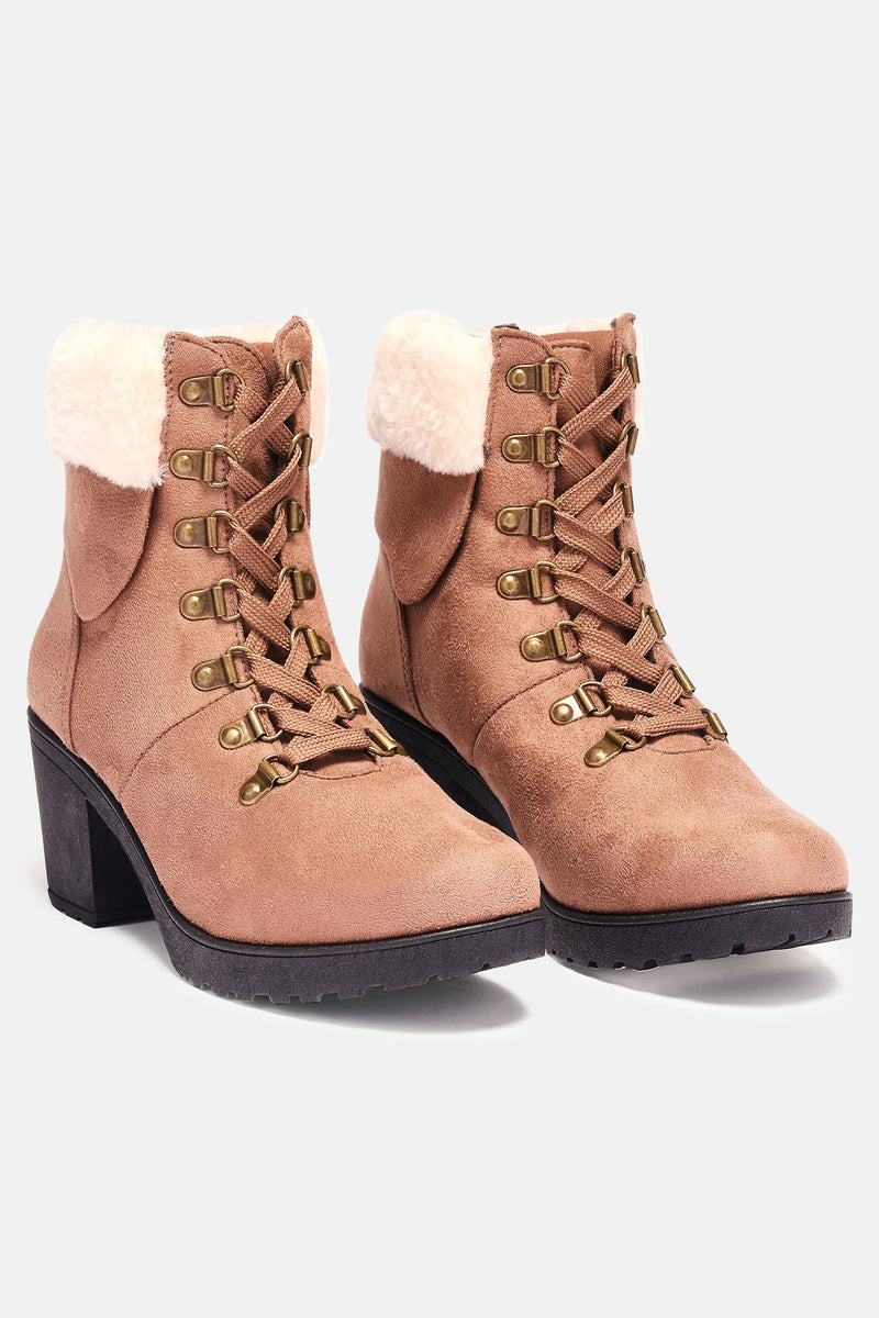Mini Microsuede Faux Fur Cuff Heeled Boots - Taupe | Fashion Nova, Kids ...