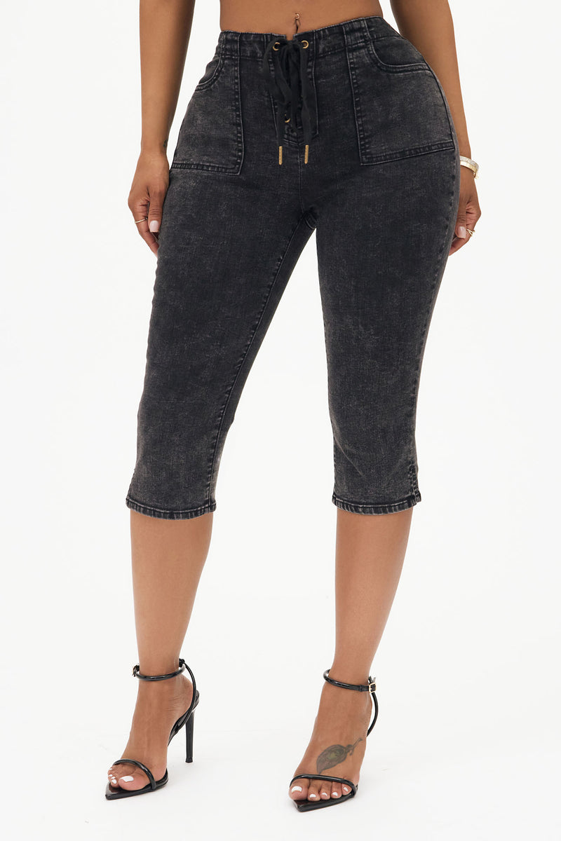 Leveled Up Lace Up Stretch Denim Capris - Black Wash | Fashion Nova ...