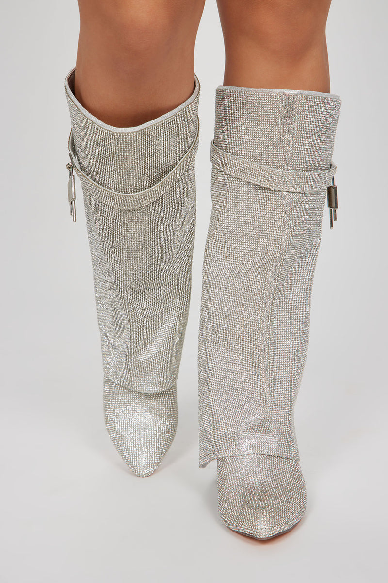 Everything You Need Embellished Overlay Boots - Silver | Fashion Nova ...