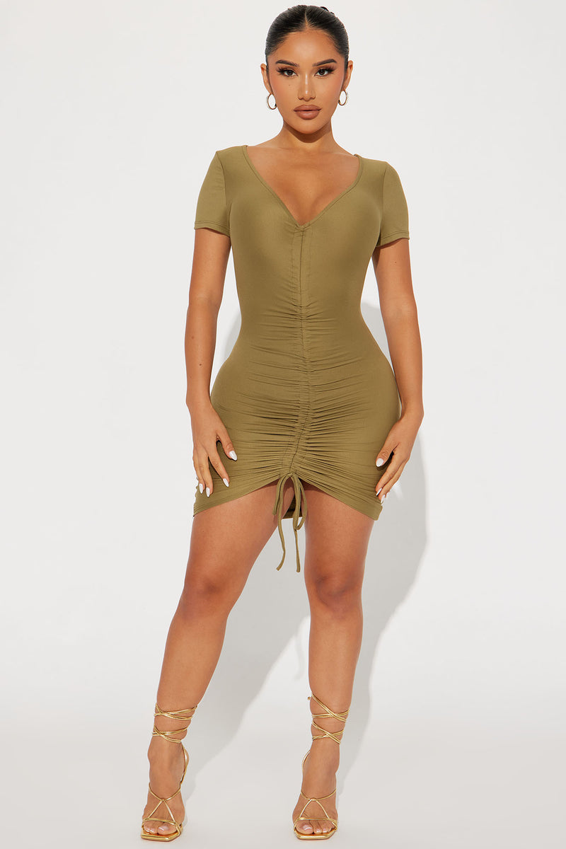 At The Office Ruched Mini Dress - Olive | Fashion Nova, Dresses ...