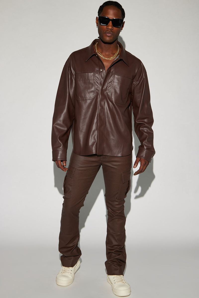 Covert Faux Leather Button Up Shirt - Dark Brown | Fashion Nova, Mens ...