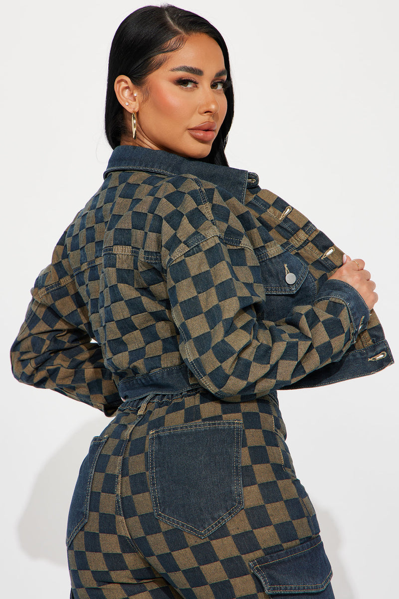 Exactly That Checkered Denim Trucker Jacket - Dark/Combo | Fashion Nova ...