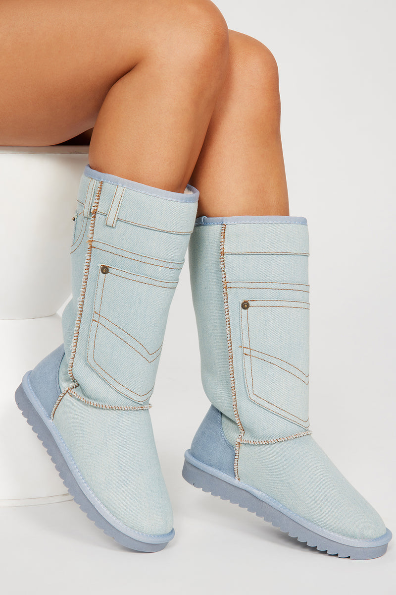 Written All Over Knee High Flat Boots - Light Blue | Fashion Nova ...