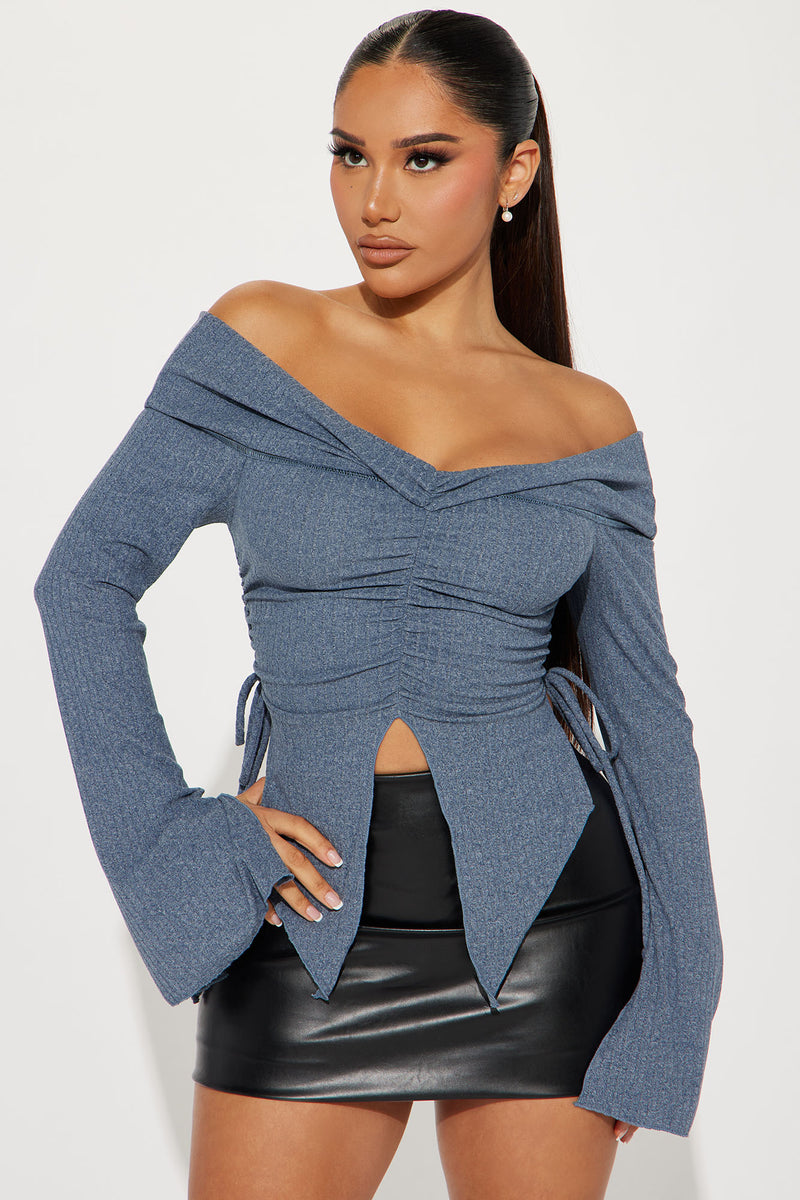 Luna Off Shoulder Top - Denim | Fashion Nova, Knit Tops | Fashion Nova