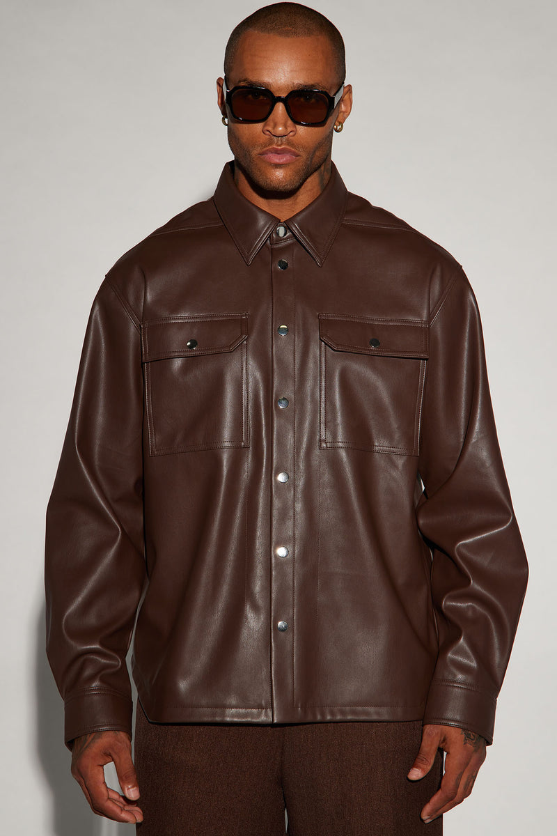 Bowery Faux Leather Button Up Shirt - Dark Brown | Fashion Nova, Mens ...