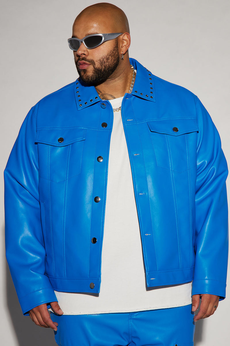 Faux Leather Studded Collar Trucker Jacket - Blue | Fashion Nova, Mens ...