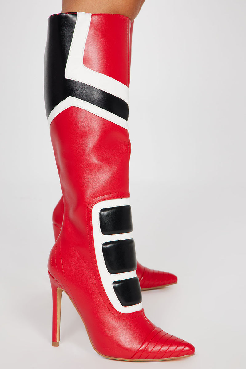 Forever A Baddie Knee High Heeled Boots - Black/Red | Fashion Nova ...