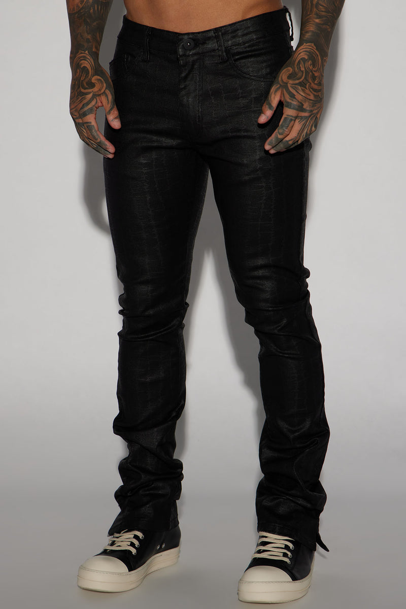 Rebel Like Me Pattern Waxed Stacked Skinny Flare Pants - Black ...