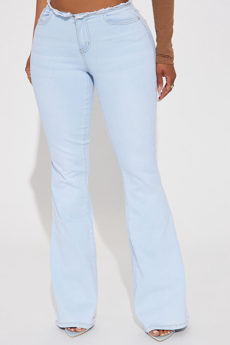 Big Flirt Cut Off Waistband Low Rise Flare Jeans - Light Blue Wash ...