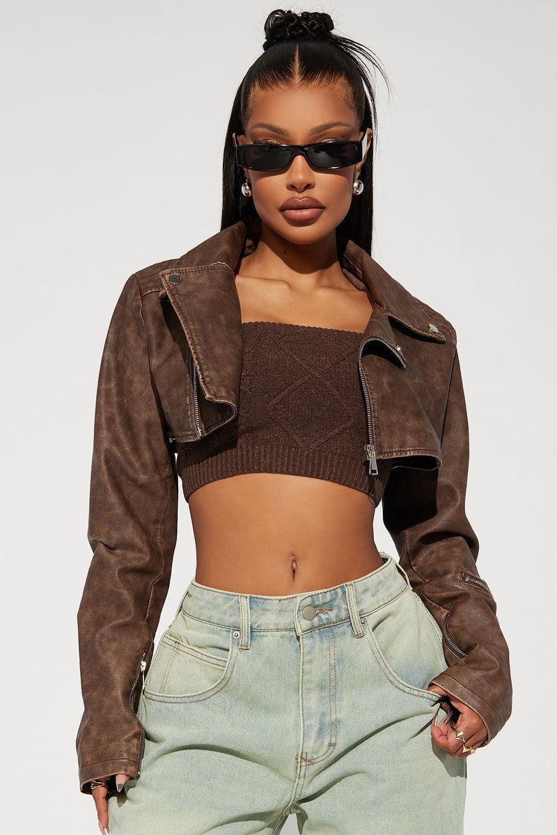 Ria Washed Faux Leather Crop Moto Jacket - Brown | Fashion Nova ...