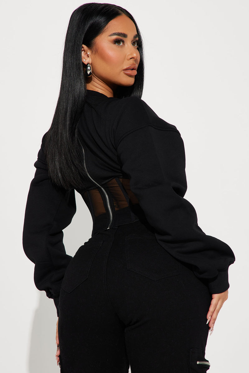 On A New Level Corset Sweatshirt - Black | Fashion Nova, Knit Tops ...