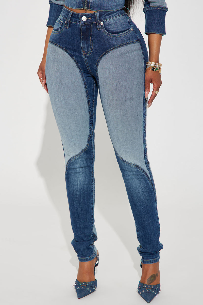 Coronado Two Tone Moto Skinny Jeans - Medium Wash | Fashion Nova, Jeans ...