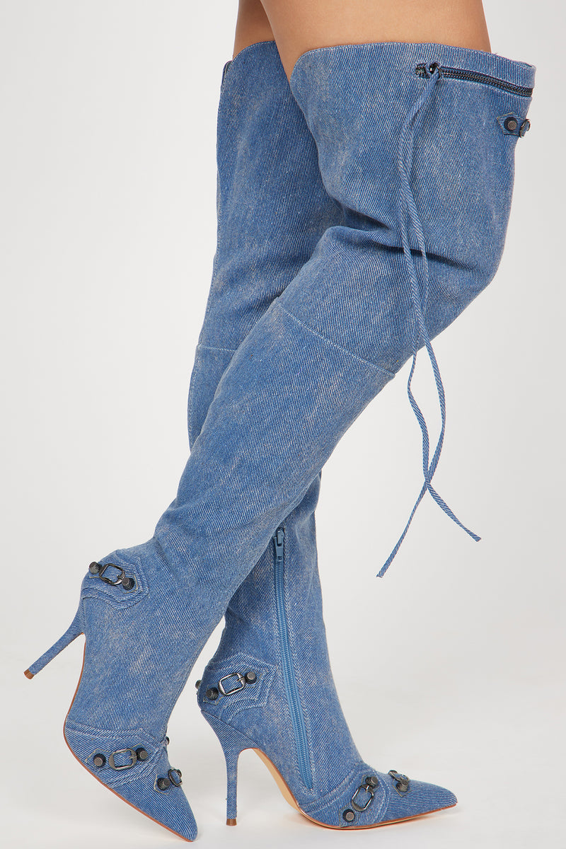 Camila Over The Knee Hardware Boots - Denim | Fashion Nova, Shoes ...
