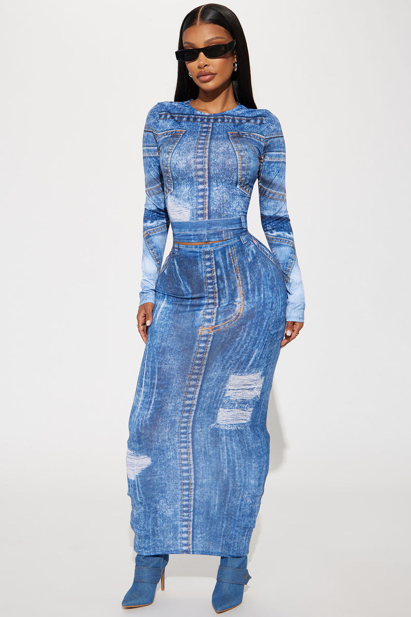 All In Denim Print Skirt Set - Dark Denim | Fashion Nova, Matching Sets | Fashion Nova