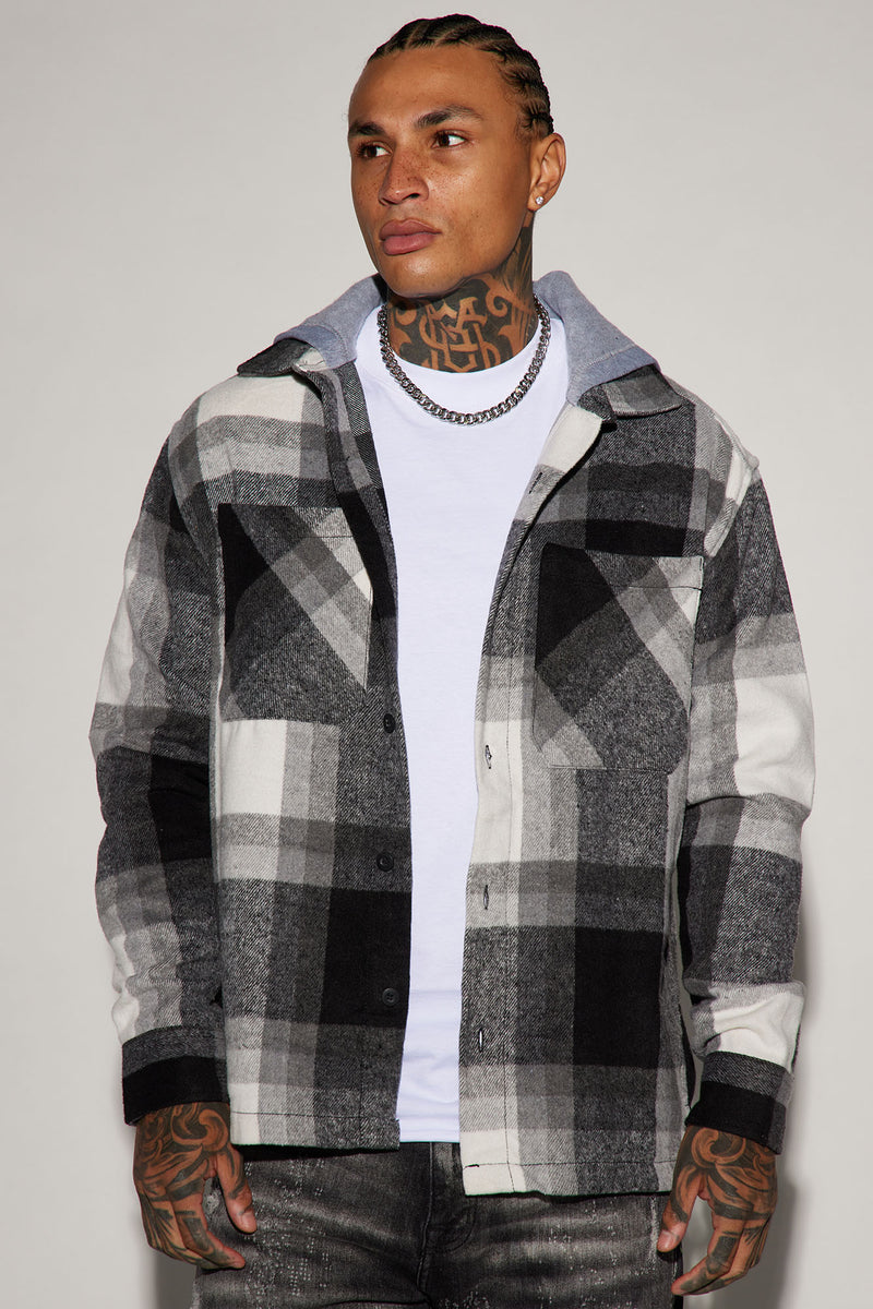 Off The Map Hooded Flannel Shacket - Grey/Black | Fashion Nova, Mens ...