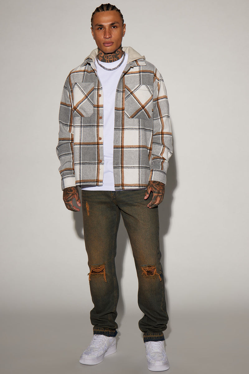 Take It Hooded Flannel Shacket - Grey/combo | Fashion Nova, Mens ...