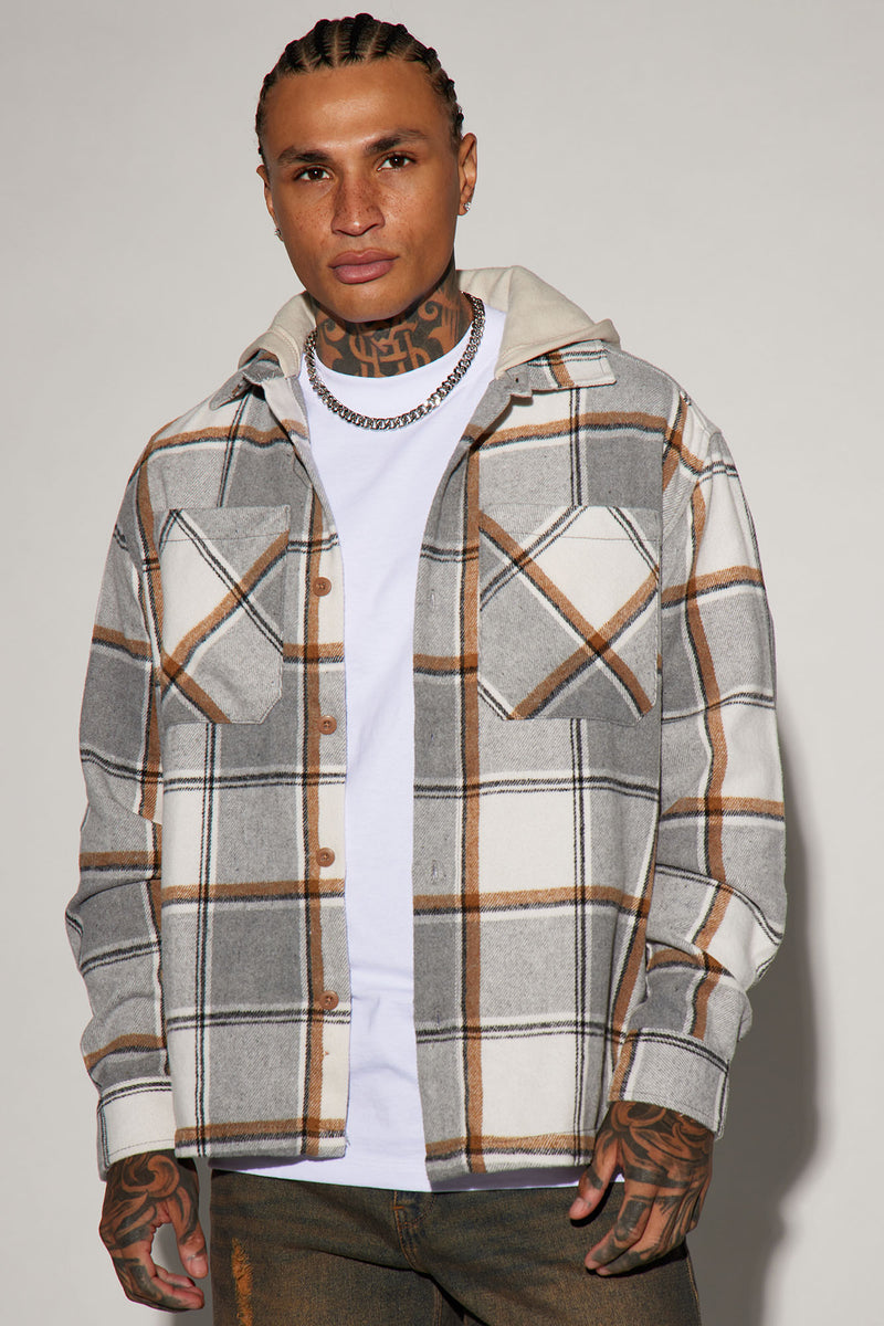 Take It Hooded Flannel Shacket - Grey/combo | Fashion Nova, Mens ...