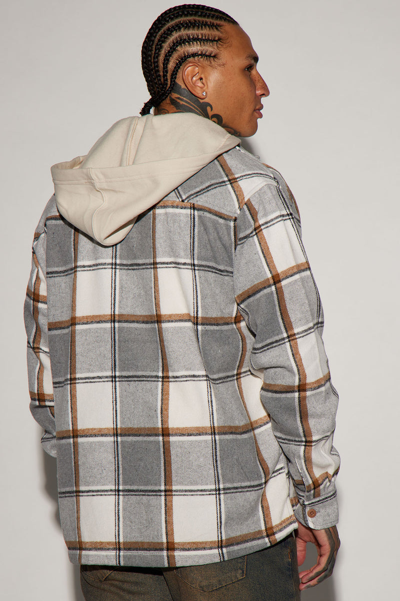 Take It Hooded Flannel Shacket - Grey/combo | Fashion Nova, Mens ...
