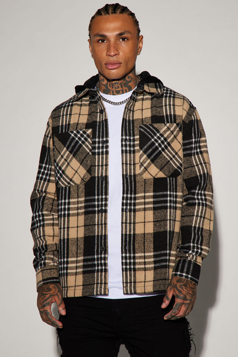 Switch Up Hooded Flannel Shacket - Black/combo | Fashion Nova, Mens ...