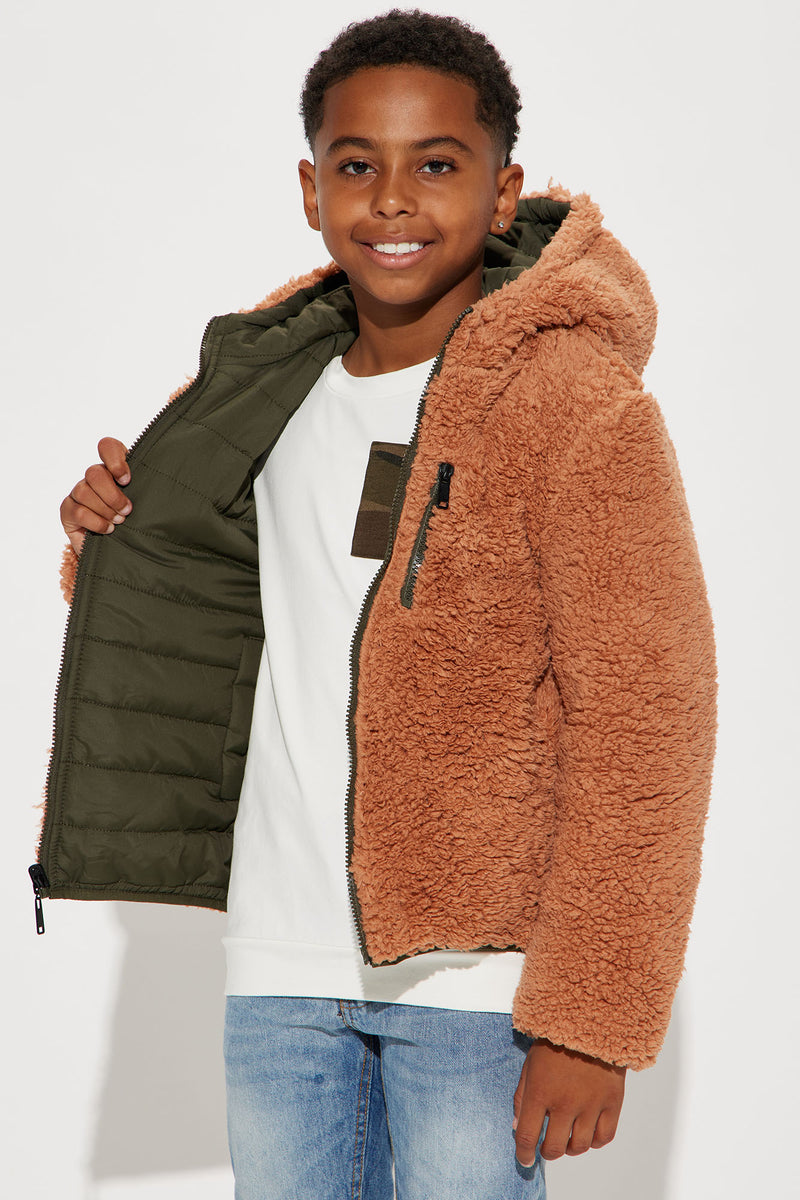 Mini Nylon Reversible Puffer Jacket With Sherpa Lining - Olive/combo ...