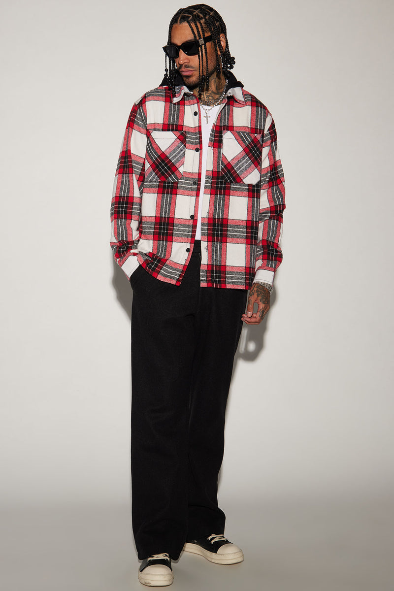 Stacking Hooded Flannel Shacket - Red/combo | Fashion Nova, Mens ...