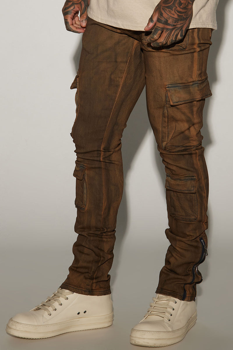 Pocket Me Cargo Stacked Skinny Zipper Flare Jeans - Brown | Fashion ...