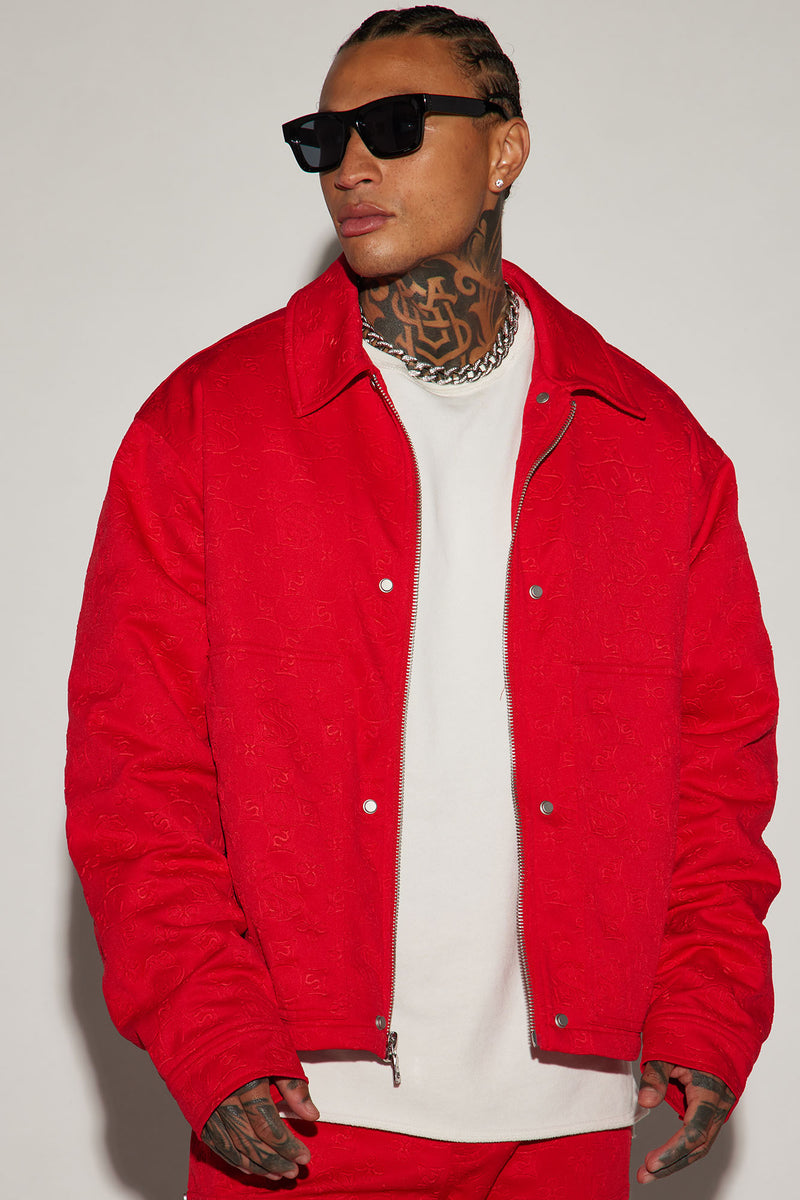 Luxe Monogram Work Jacket - Red | Fashion Nova, Mens Jackets | Fashion Nova