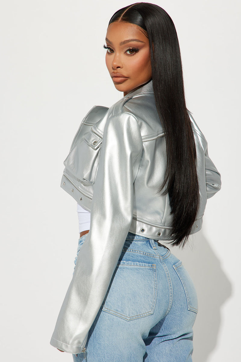 Not Your Angel Faux Leather Cropped Moto Jacket - Silver | Fashion Nova ...