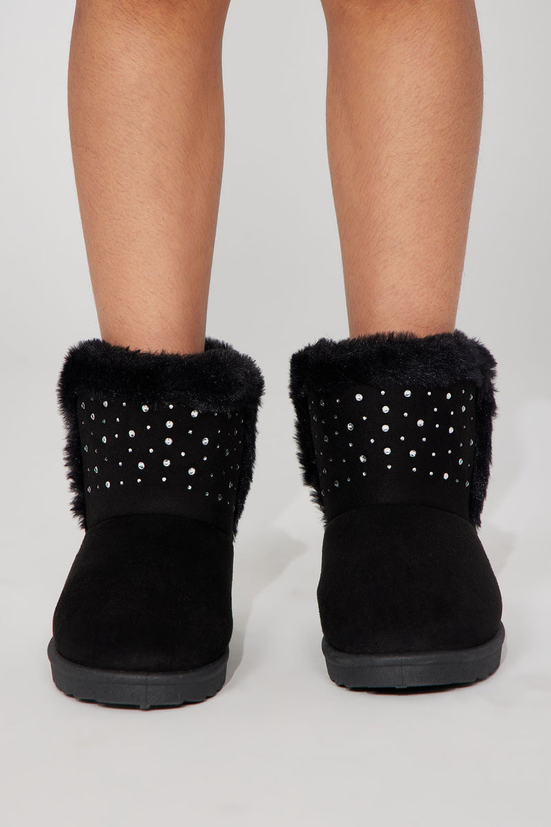 Mini Microsuede Faux Fur Rhinestone Cozy Boots - Black | Fashion Nova ...
