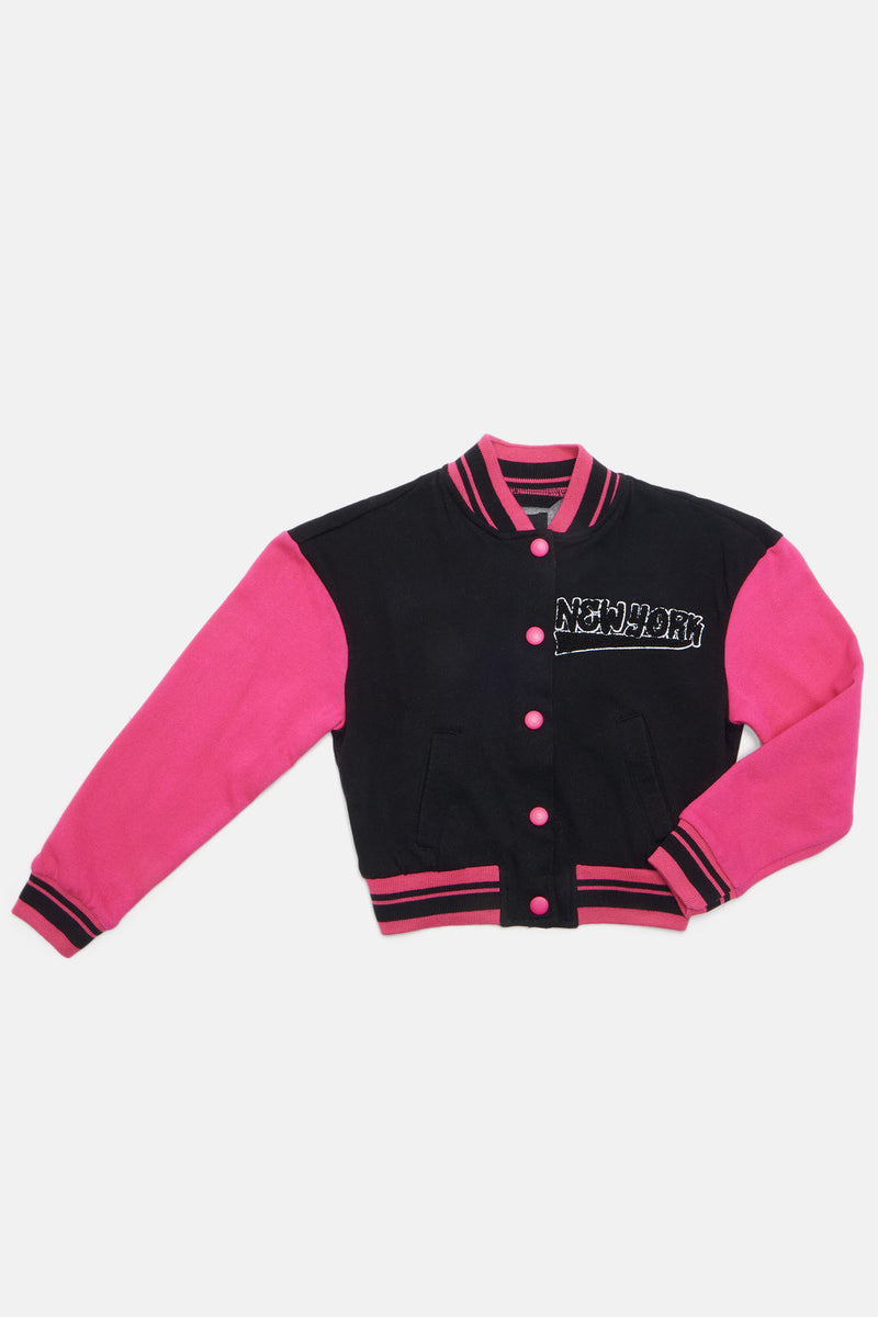 Mini New York Button Front Varsity Jacket - Black/combo | Fashion Nova ...