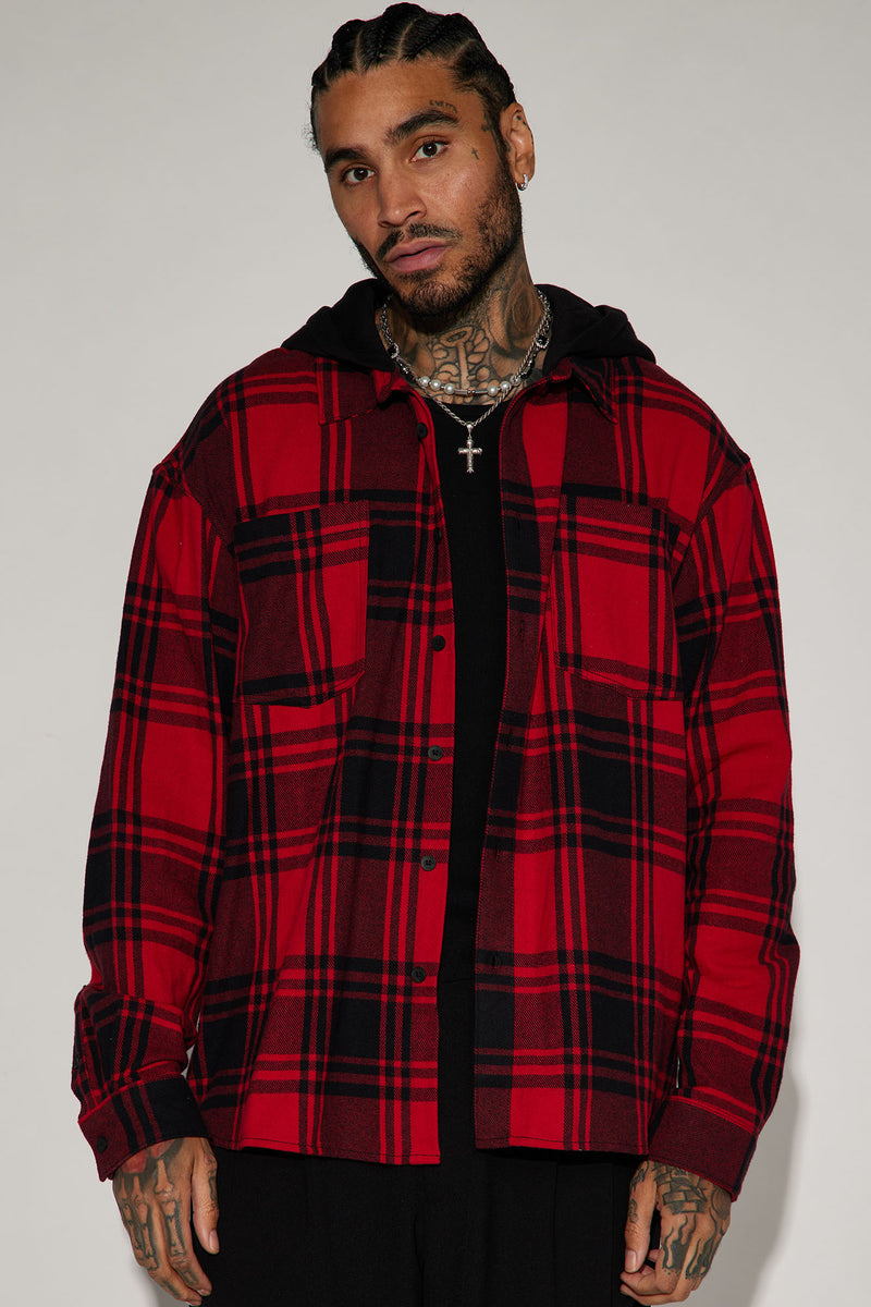 Time Gon Tell Hooded Oversized Shacket - Red/Black | Fashion Nova, Mens ...