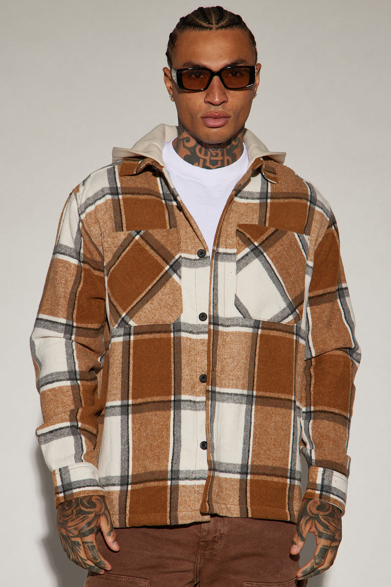 Right Back Hooded Flannel Shacket - Sand/combo | Fashion Nova, Mens ...