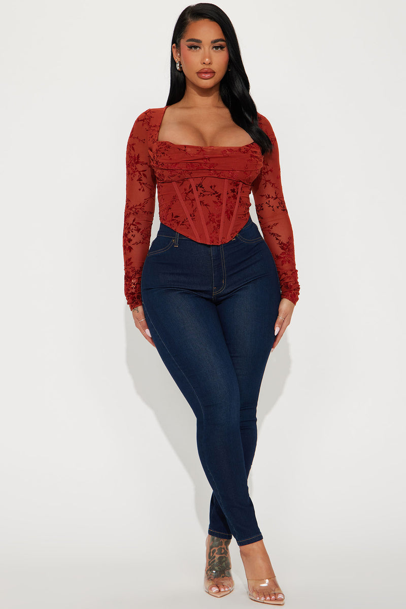 Long Distance Love Corset Top - Rust | Fashion Nova, Knit Tops ...