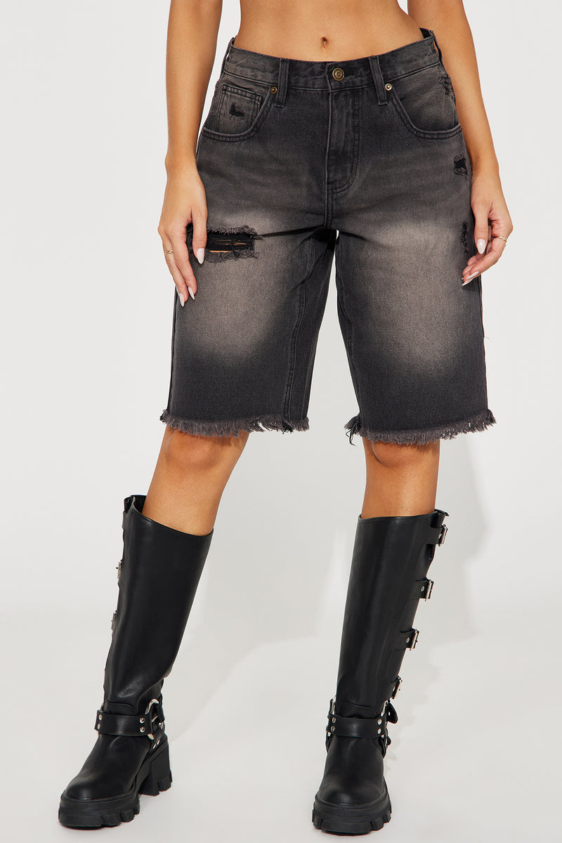 Divina Ripped Denim Jorts - Black Wash | Fashion Nova, Jean Shorts ...