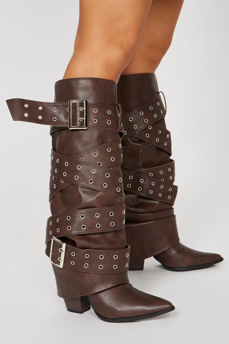 Tie You Down Overlay Boots - Brown | Fashion Nova, Shoes | Fashion Nova