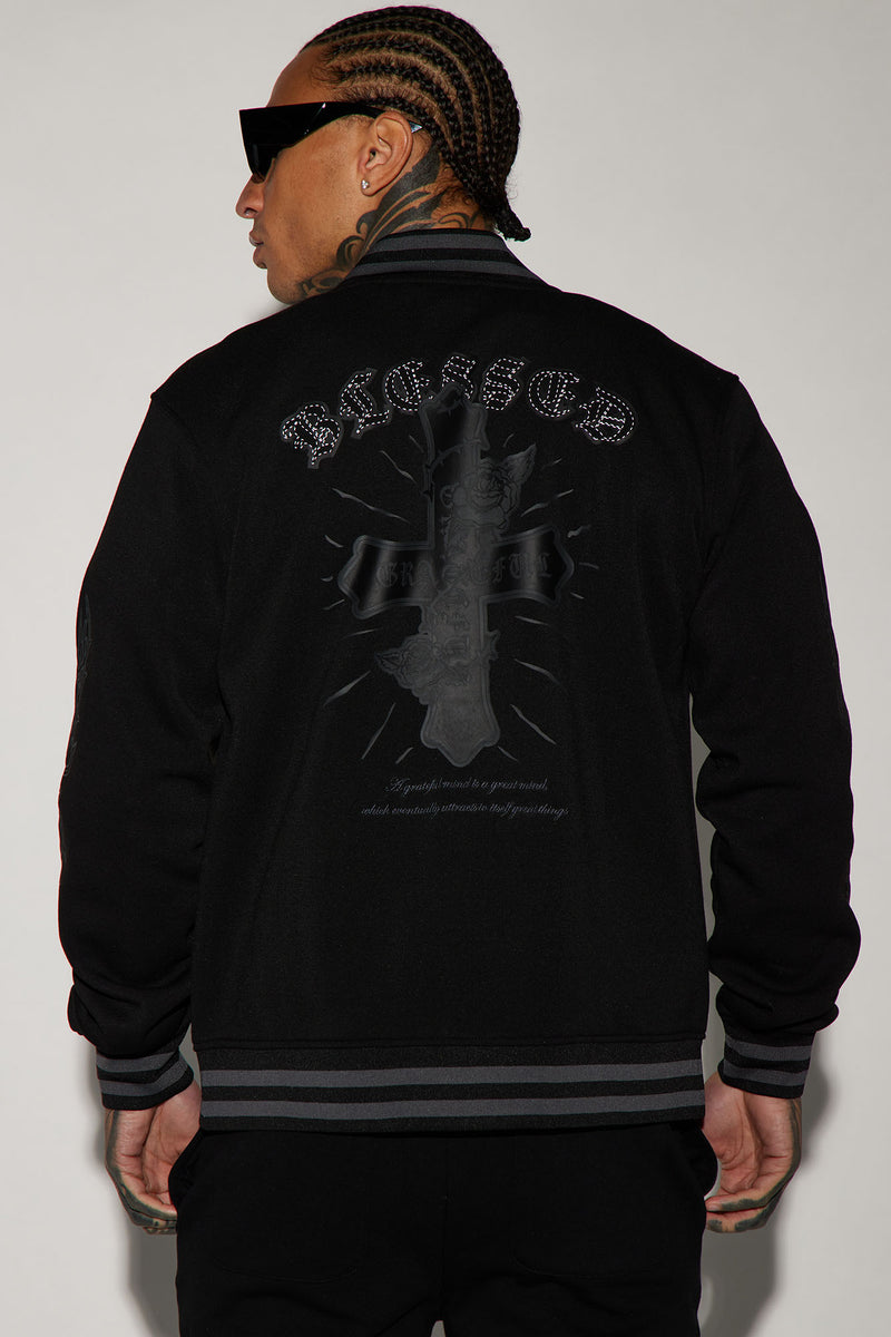 Blessed Varsity Jacket - Black | Fashion Nova, Mens Fleece Tops ...