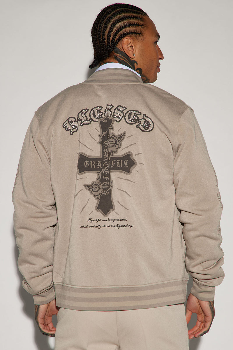 Blessed Varsity Jacket - Tan | Fashion Nova, Mens Fleece Tops | Fashion ...