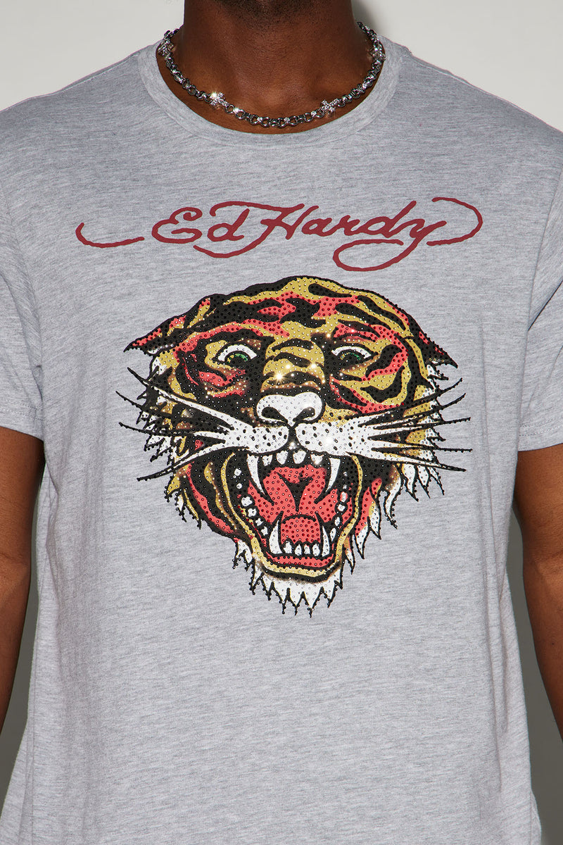 Ed Hardy Rhinestone Tiger Short Sleeve Tee - Heather Grey | Fashion ...