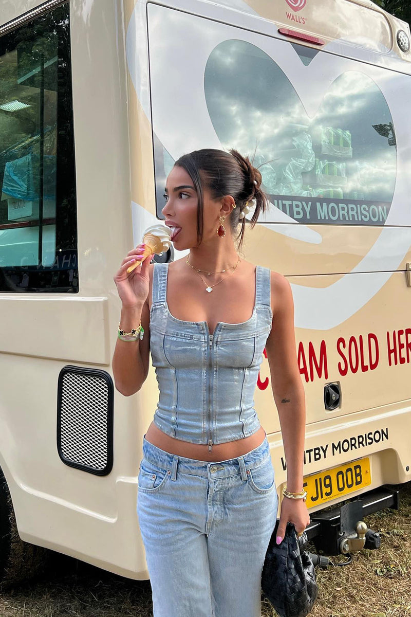 Maxine Metallic Denim Corset Top - Light Wash | Fashion Nova, Shirts ...