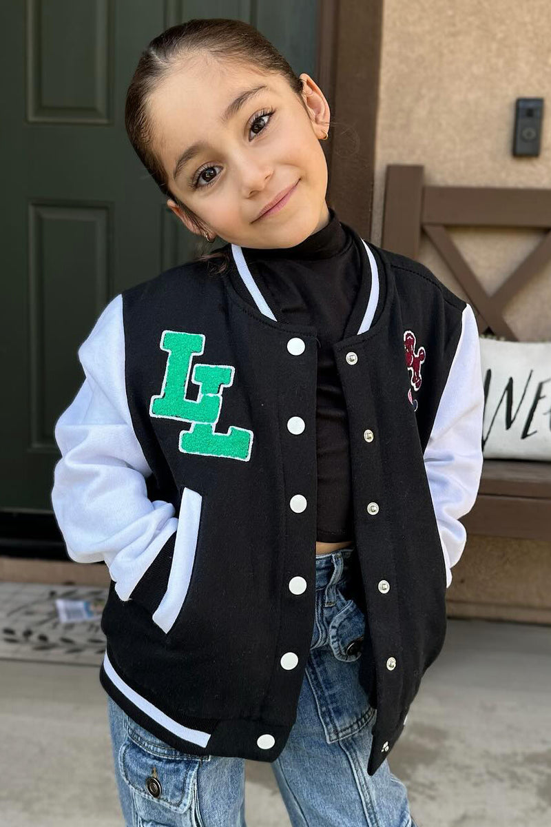 Mini Lay Lay Chenille Patch Front/Back Varsity Jacket - Black | Fashion ...