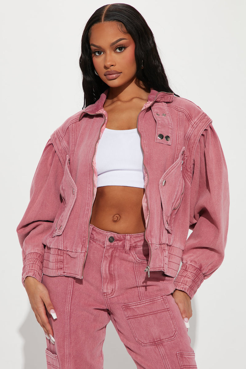 Just Like Magic Non Stretch Denim Moto Jacket - Raspberry | Fashion ...